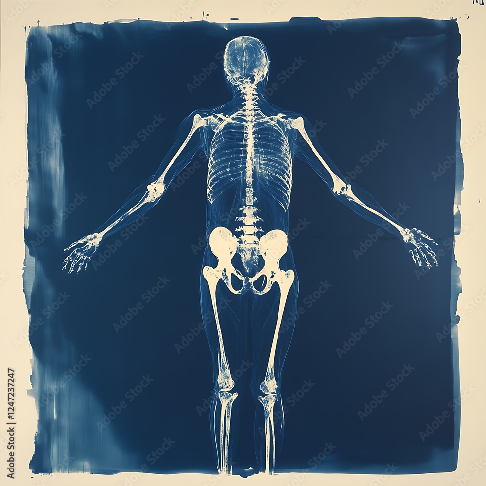 Anatomical Skeletal X Ray Structure Display of Human Body in Dark Blue ...