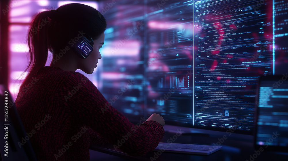 A female software architect reviewing complex system diagrams on ...