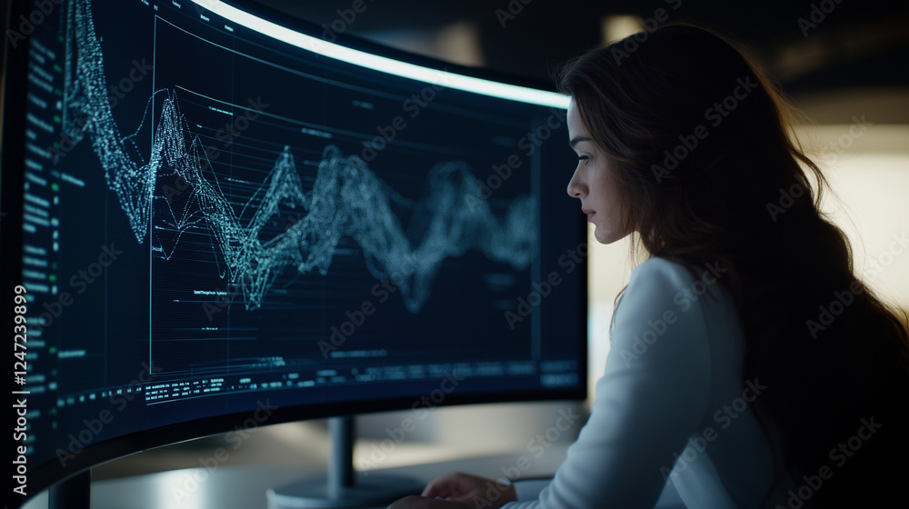 A female data scientist analyzing big data visualizations on a curved ...