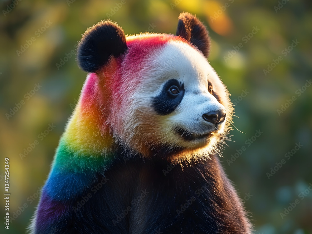 Panda close-up, hair dyed in the colors of the gay rainbow flag, lgbt ...