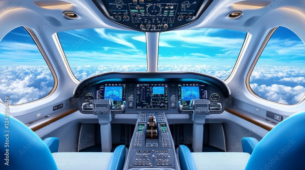 Cockpit view of a flight deck displaying jet throttle control panel and ...