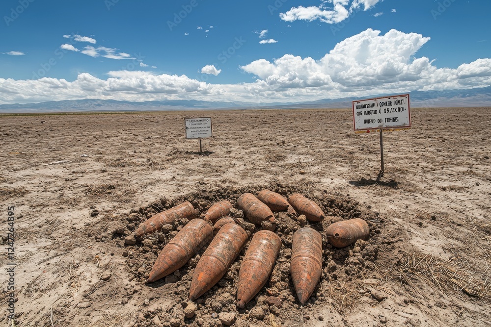 Cluster of unexploded ordnance in barren field with warning signs ...