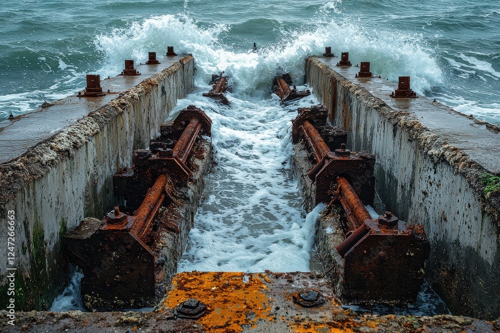 Collapsed seawall reveals eroded concrete and rusted reinforcements ...