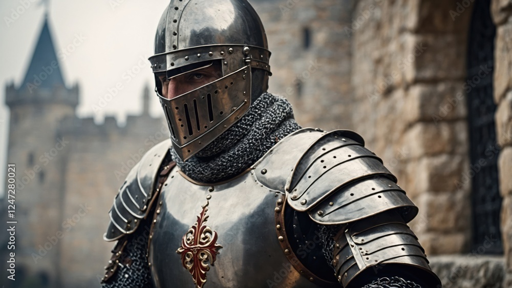 Armored Knight: Steel clad warrior guarding ancient castle. Ready for battle, medieval era ...