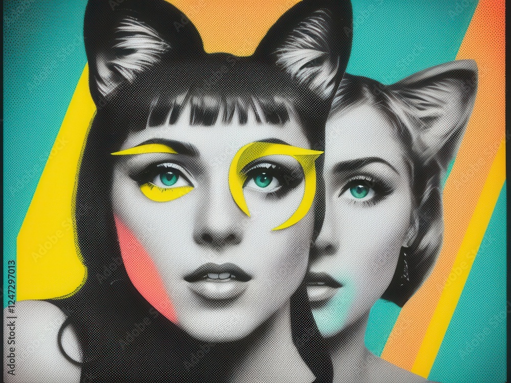 Vivid Abstract Retro Poster Pop Art 80s - 90s with Two Young Women with ...