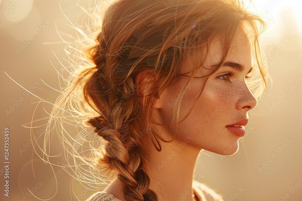 Messy braided updo on young woman, warm sunlit background, side profile ...