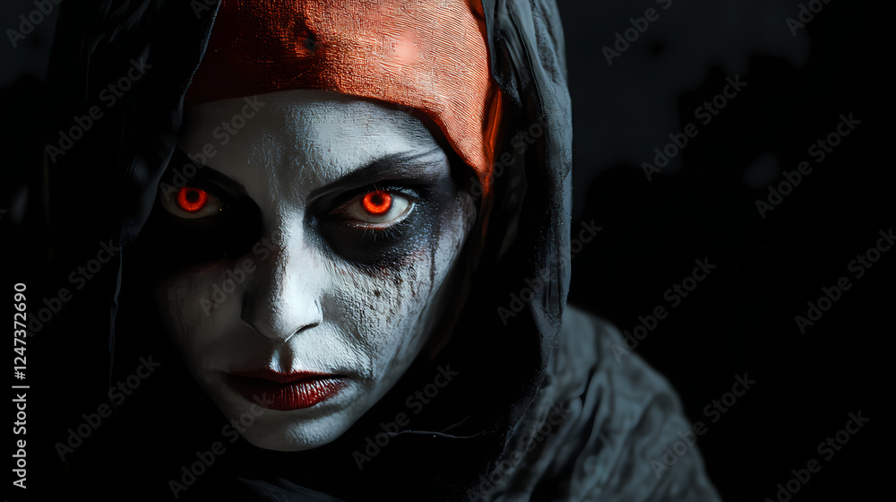 Hateful evil cursed nun staring at the camera isolated on black ...