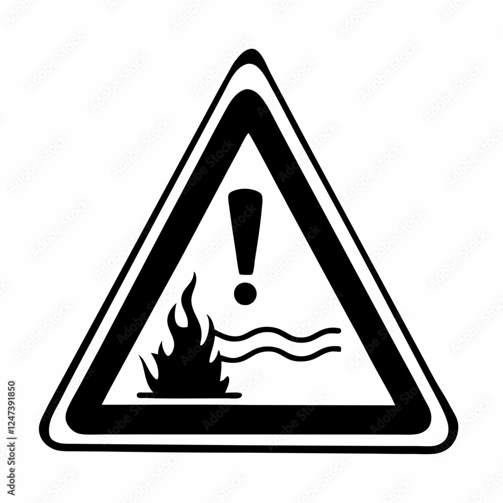 Warning triangle with flame over water symbol and exclamation mark ...