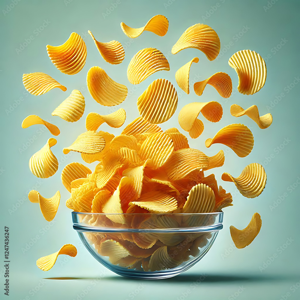 Flying ripple potato chips. Glass bowl and falling chips 3d vector ...