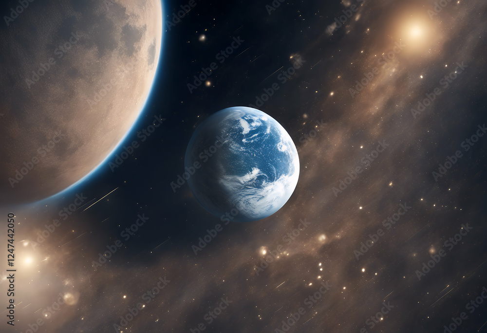 space earth view moon planet deep blue galaxy lactic way star ...