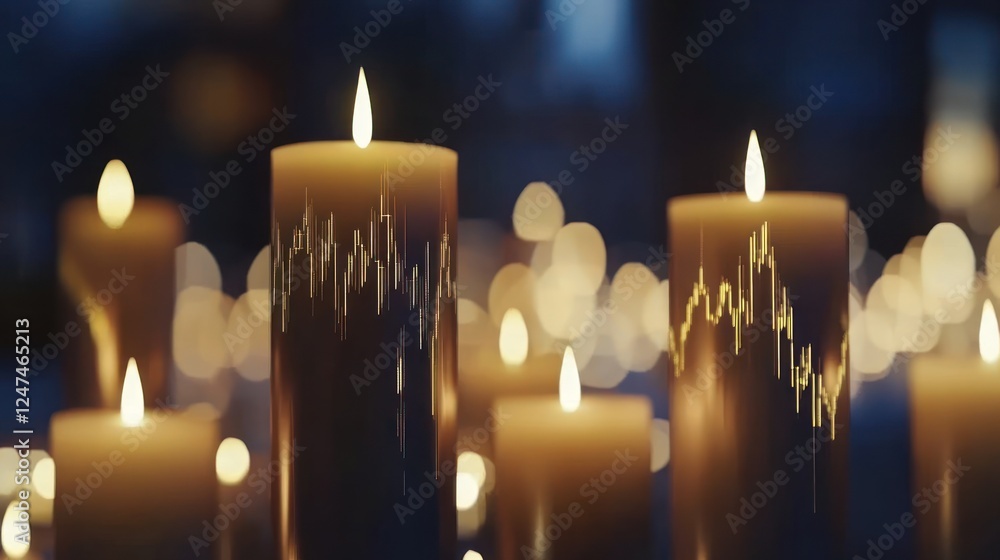 Candlestick chart on burning candles, night, bokeh background, memorial ...