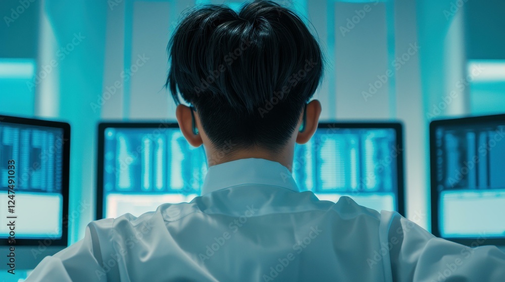 Male developer immersed in coding on dual monitors, showcasing a ...