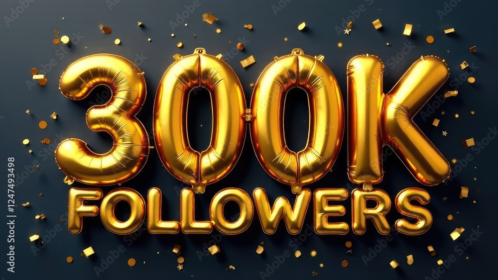 Golden "300K Followers" balloons and confetti on a dark background ...