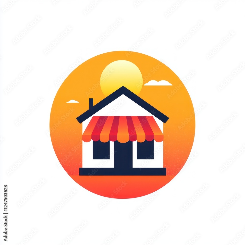 Storefront Icon Simple shop with awning, sun, and clouds for business ...