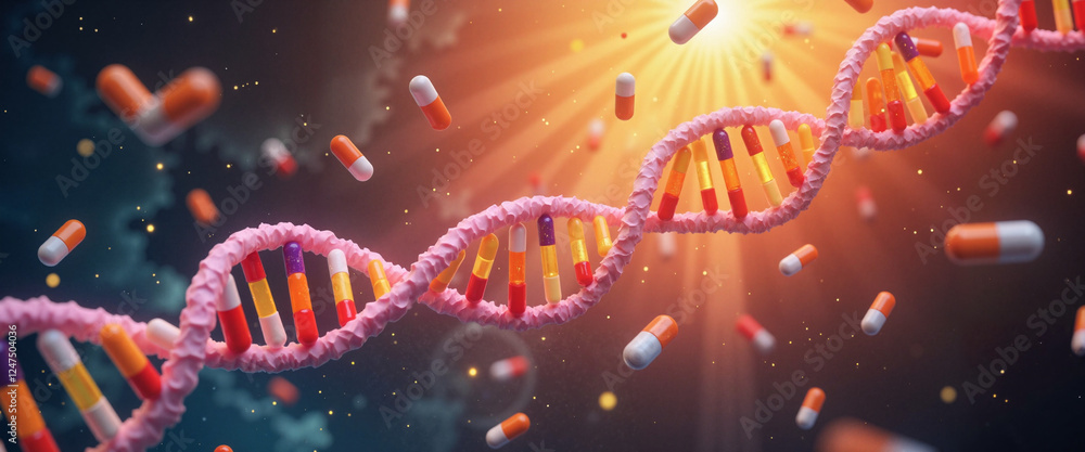 Surreal cascade of medicinal capsules spiraling like DNA at dawn ...