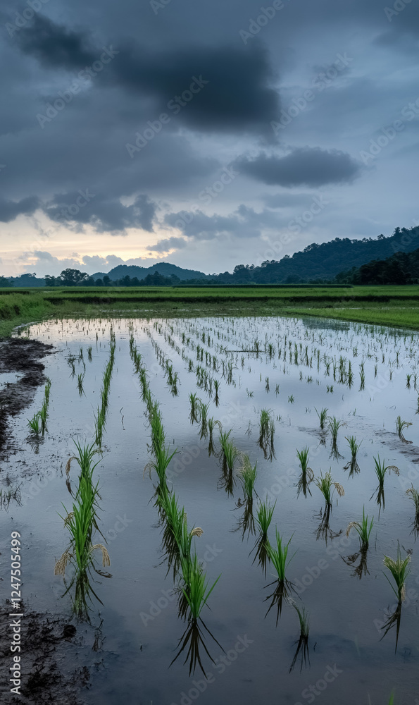 Waterlogged and flooded rice fields with furrows stand in stark ...