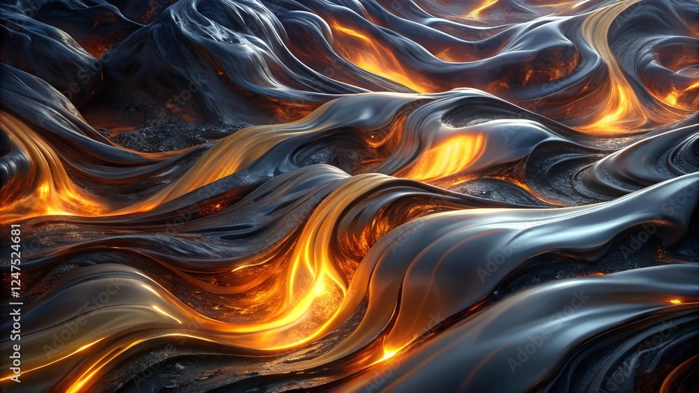 Lava flow with glowing embers and textured surface in dark volcanic ...