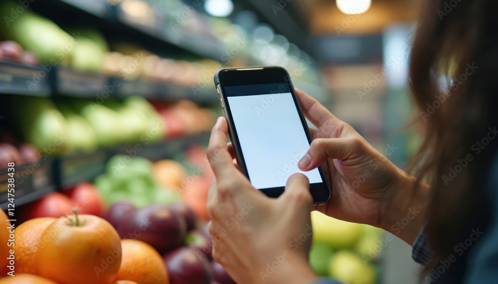 Person uses smartphone to scan QR code on fruit in supermarket. Digital ...