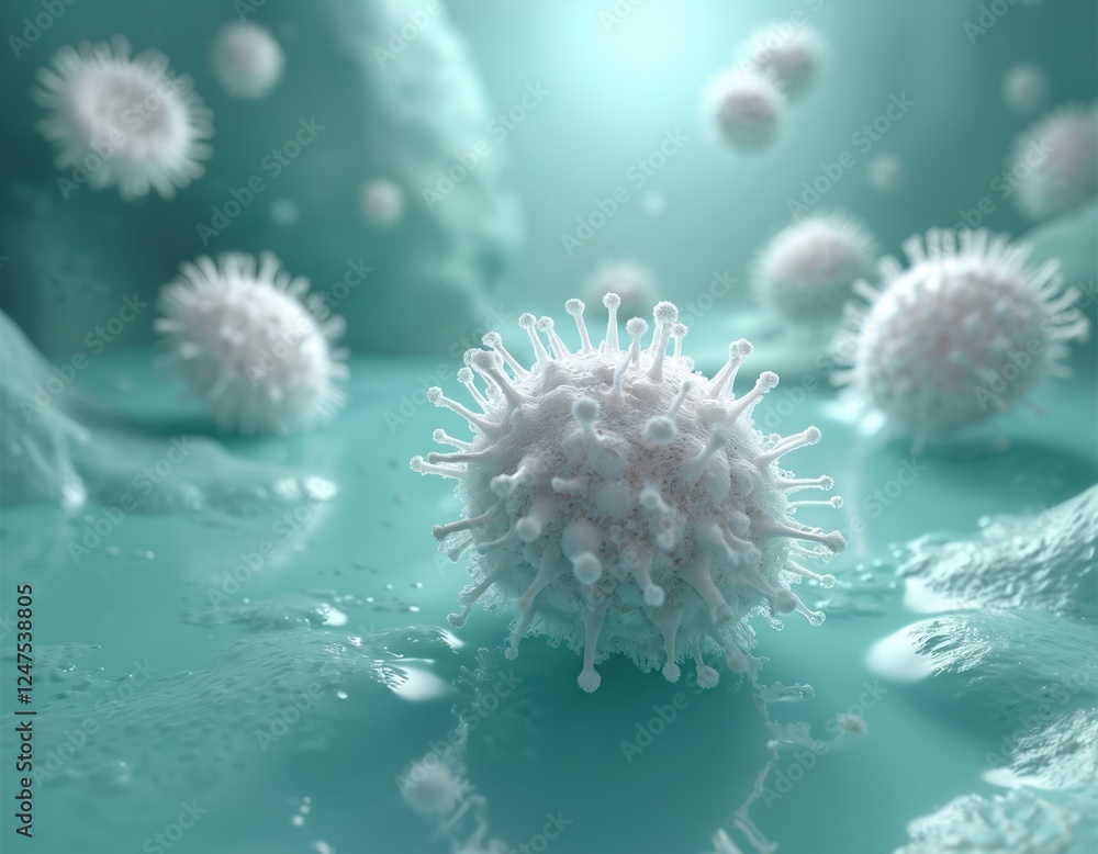 Microscopic illustration of white blood cells, viruses. Immune system ...