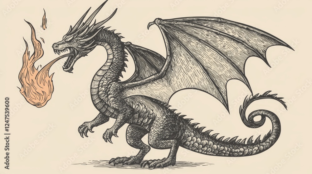 Old dragon hand-drawn with bold ink strokes, showing its scales and ...
