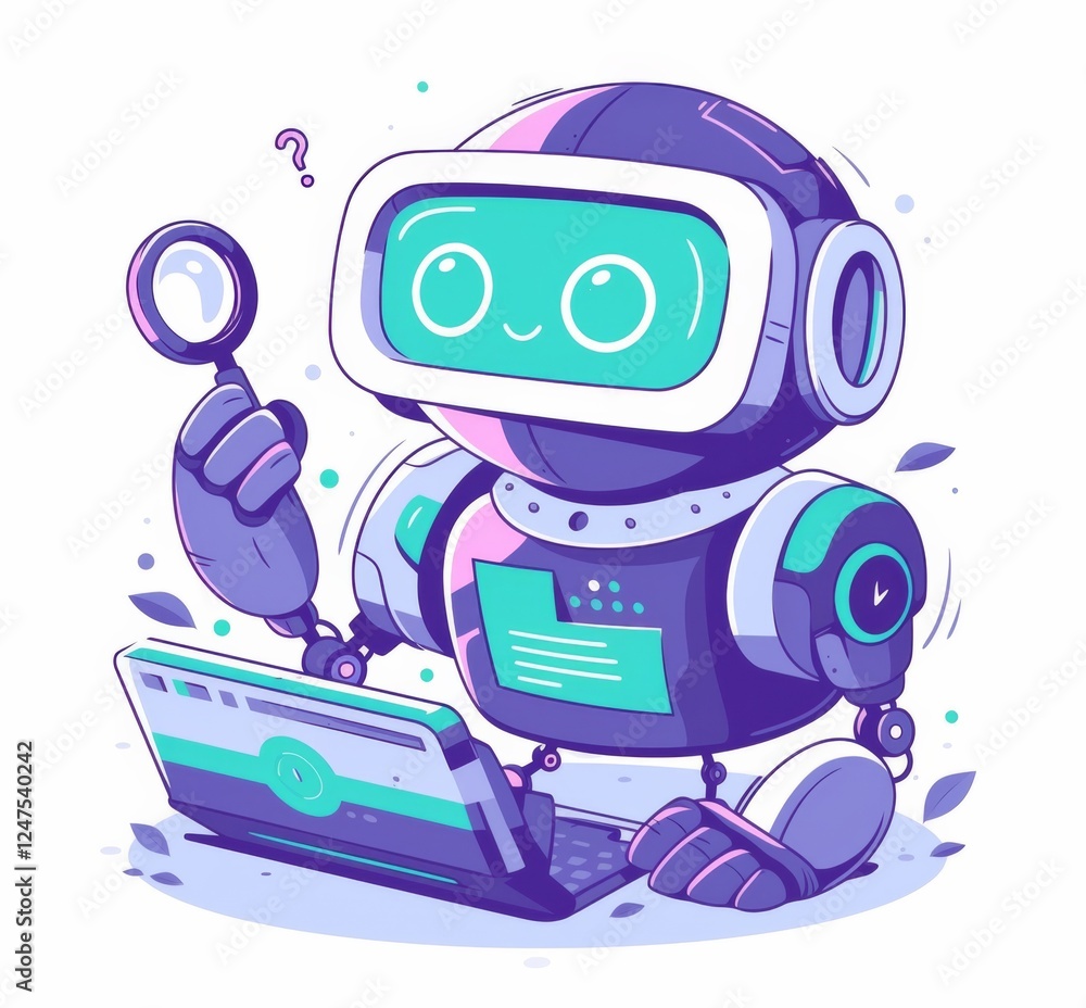 Cute AI chatbot with question marks and magnifying glasses pointing at ...