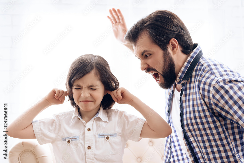 Bearded angry father scolds crying son. Adult man yells at frustrated ...