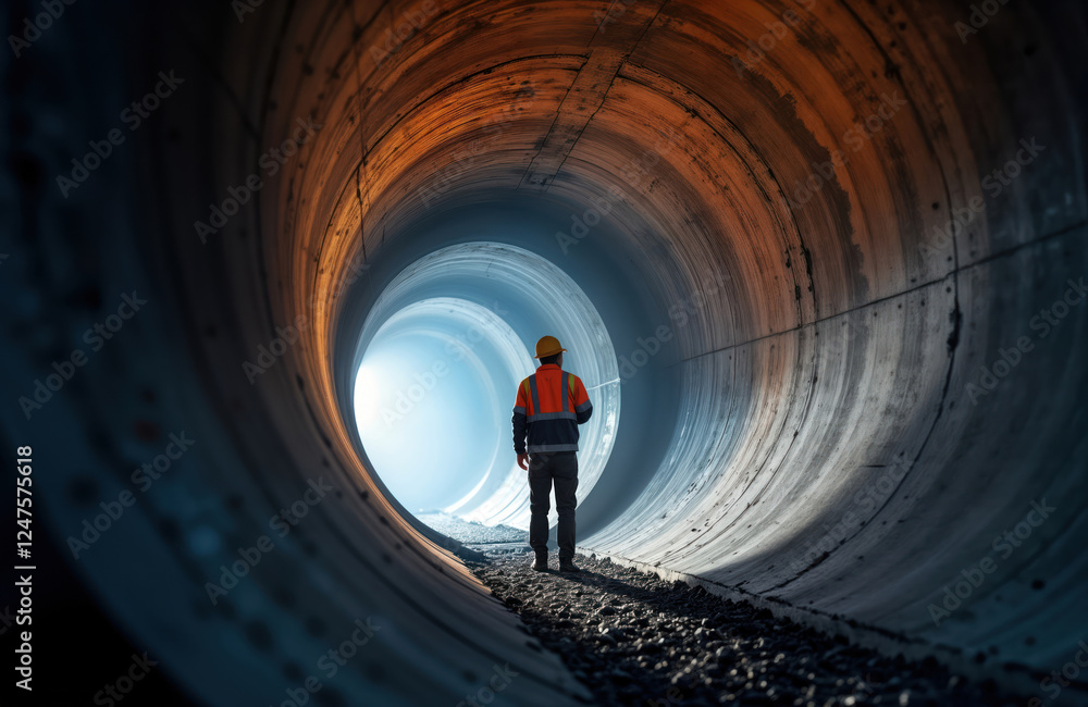 Worker inspects underground tunnel equipment. Male engineer in safety ...