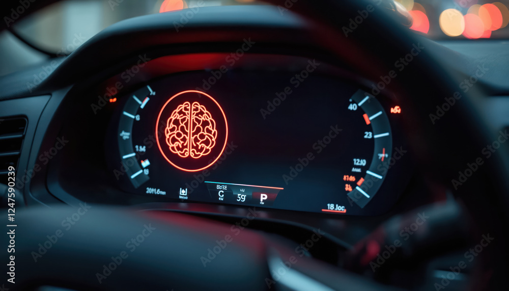 Car dashboard display shows ongoing over-the-air firmware update. Brain ...
