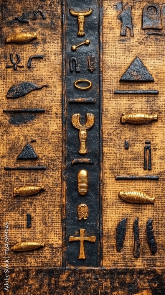 Ancient Egyptian Hieroglyphs on Papyrus: Golden Symbolic Engravings of ...