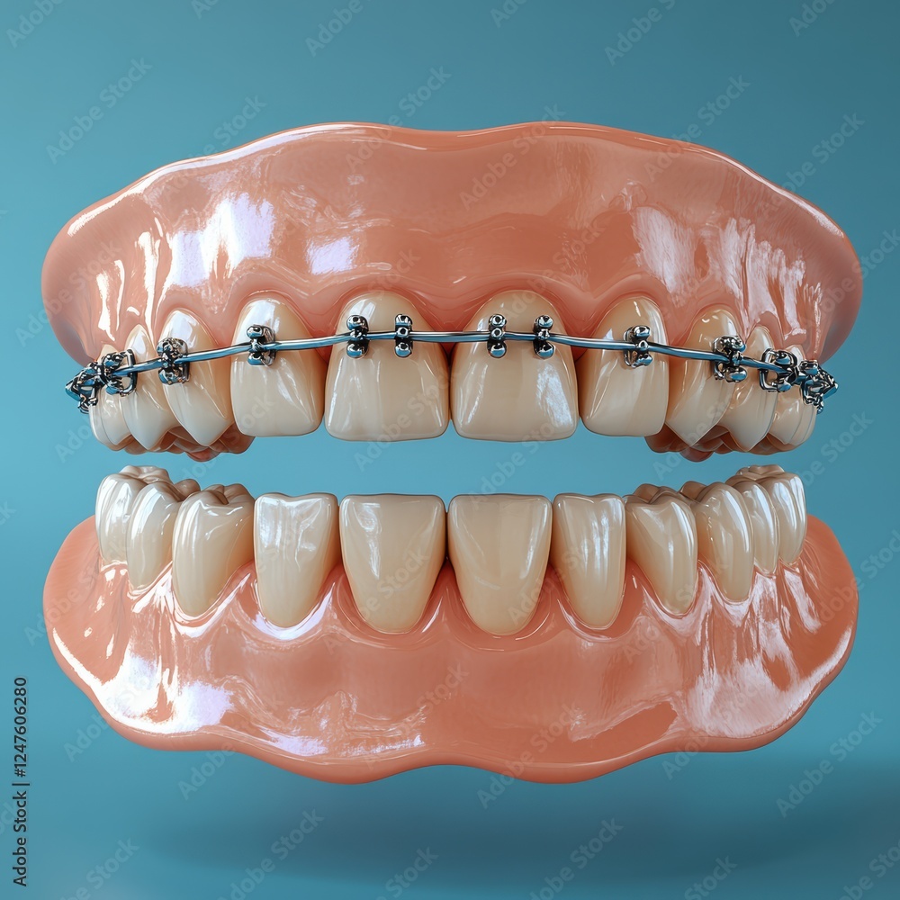 A detailed model of human teeth displays metal braces affixed to both ...