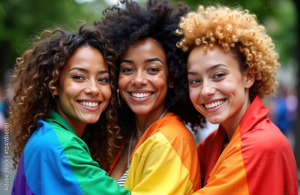 Three happy women embrace at pride parade. Rainbow flag draped over ...
