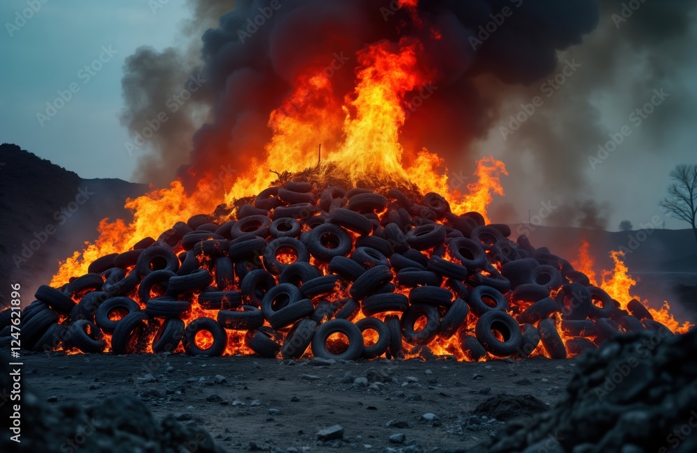 Large pile of old tires burning outdoors. Flames, black smoke rising ...
