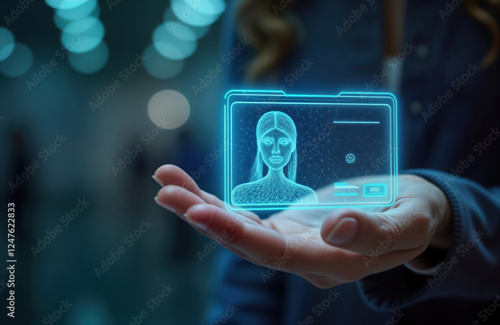 Woman holds holographic ID card with digital profile picture ...