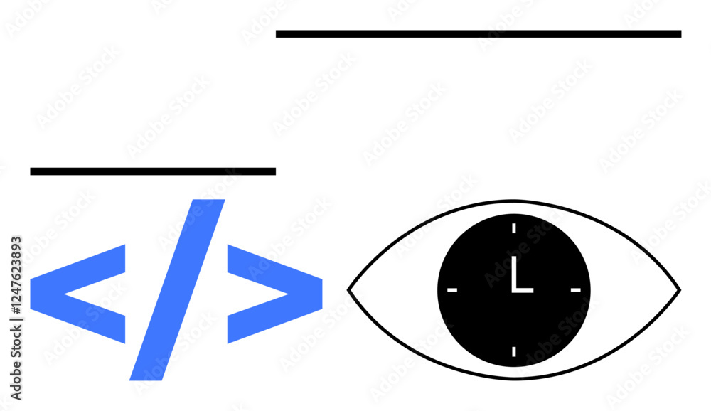 Blue HTML coding tags, analog clock embedded in an eye, horizontal ...