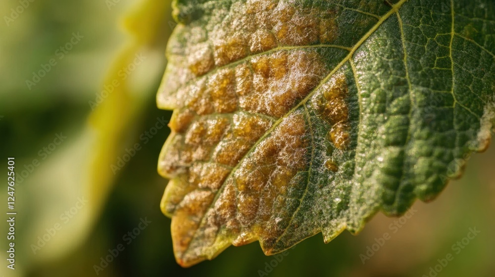 Grapevine Leaf Disease: Close-up detail of a grapevine leaf exhibiting ...