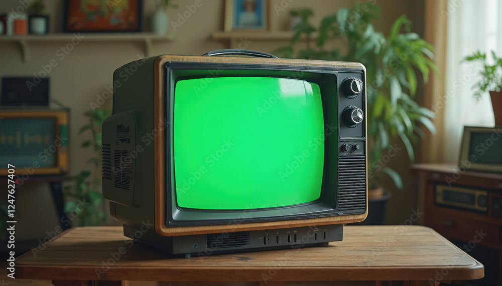 Vintage retro TV set with green screen chroma key display. Dated tech ...