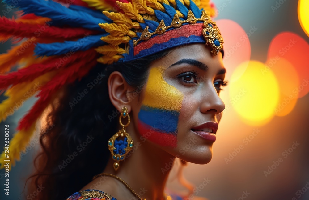 Woman in traditional Colombian attire celebrates independence. Colorful ...