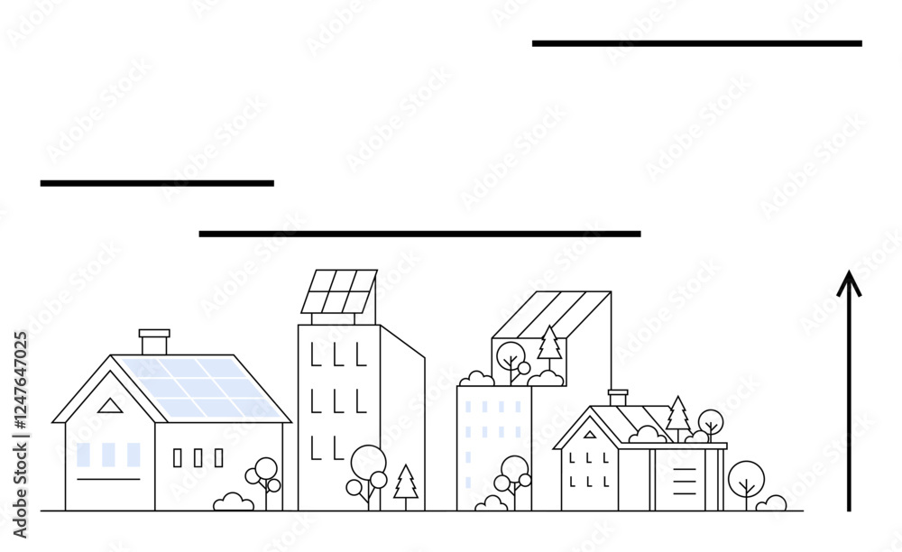 Solar-paneled houses eco-friendly buildings trees growth arrow. Ideal for sustainability, urban ...