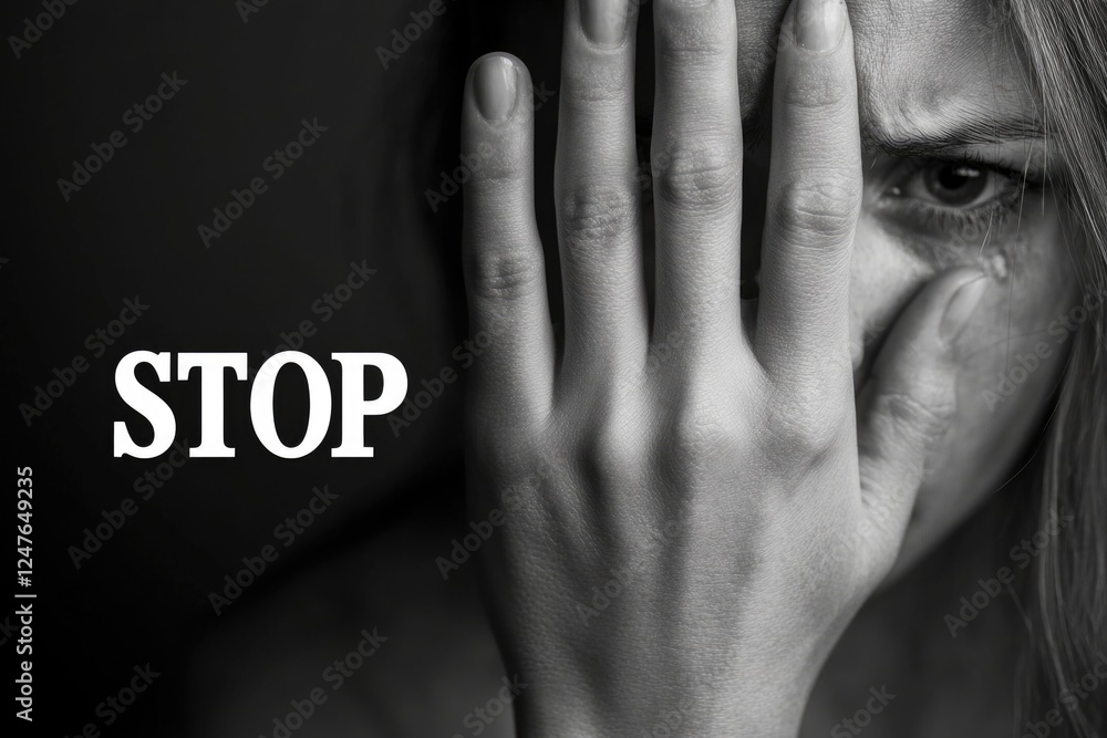 Woman in distress: arm extended, defense posture, ending violence ...