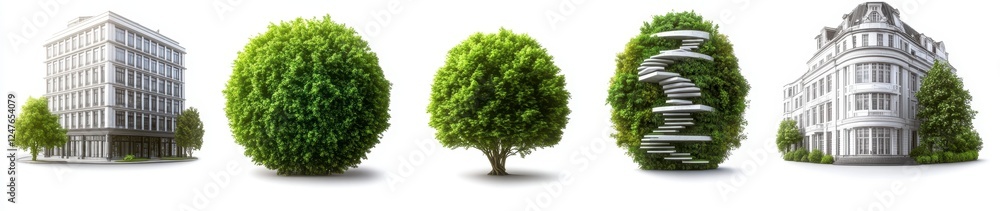 Ilustración de Stock Stylized illustration, white building and green ...