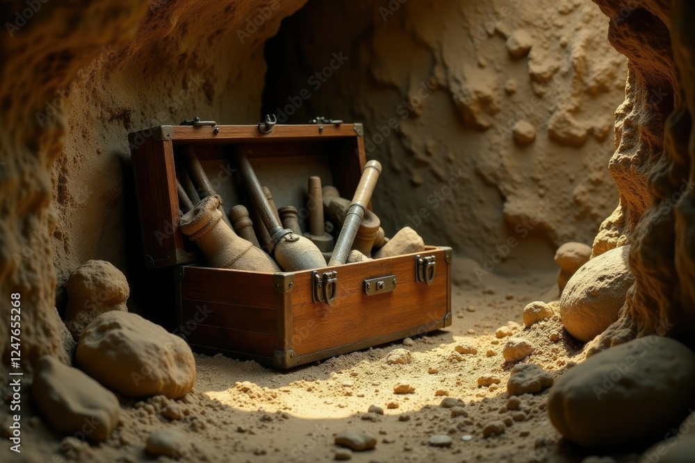 Archeologist's toolkit in a dusty excavation chamber, artifacts ...