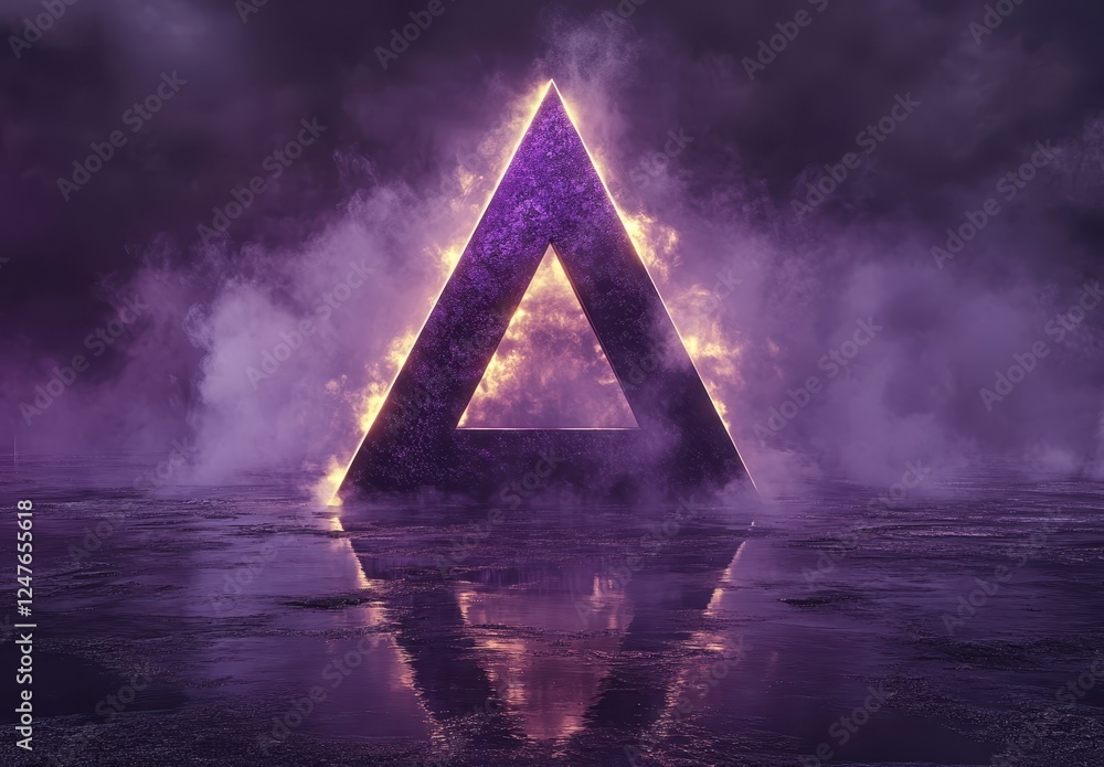 Purple triangle shape in a dark background with smoke and reflection ...