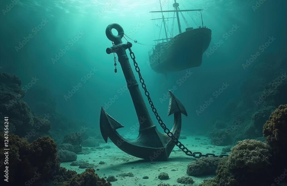 Abandoned anchor rests on ocean bottom. Large ship lies submerged ...