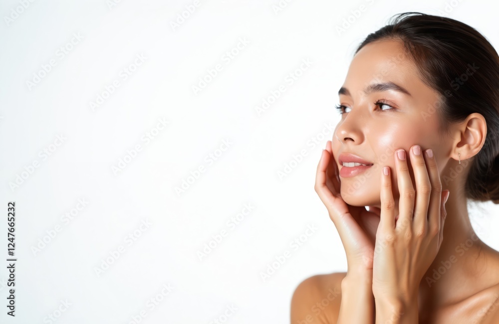 Young Asian woman with beautiful bare skin poses in profile view ...