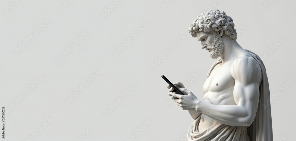 Ancient Greek statue uses smartphone. Classical male figure interacts ...