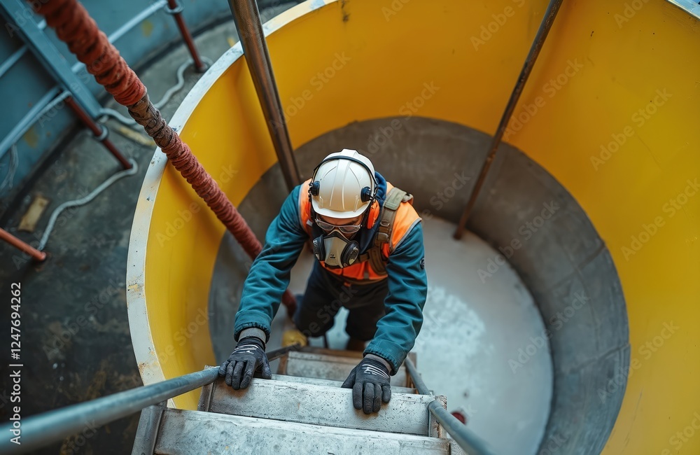 Industrial worker climbs stairs into large yellow tank. Safety ...
