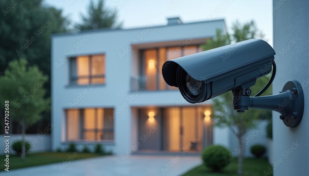 Modern security camera outside modern house. CCTV system protects house exterior. Home security ...