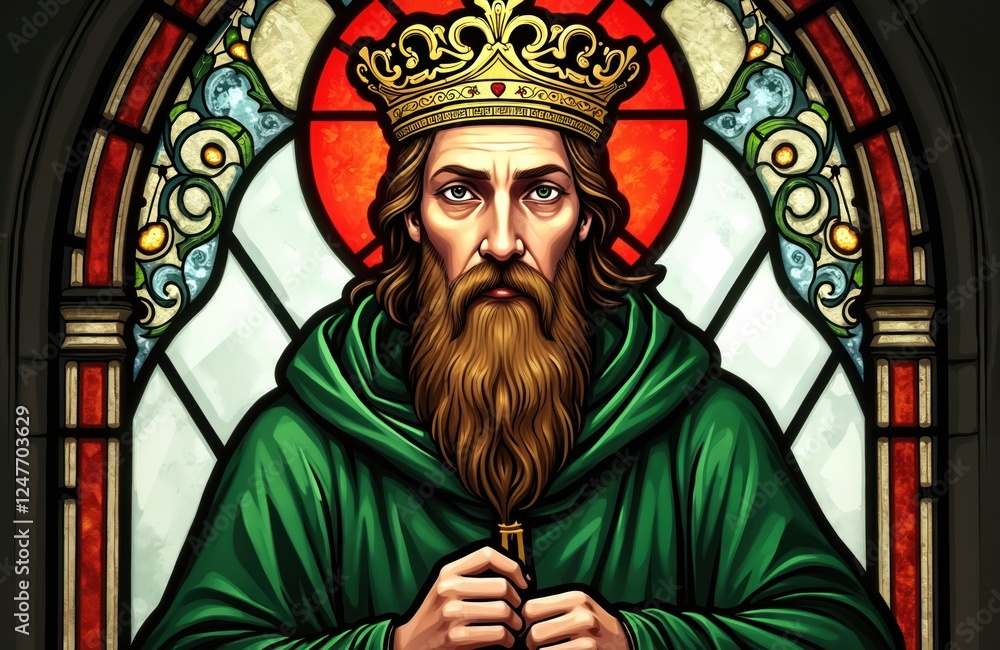 Saint Patrick depicted in stained glass window. AI-created art captures ...