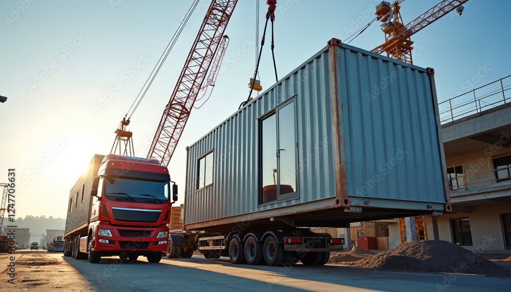 Crane truck transports prefabricated mobile office building. Heavy-duty ...
