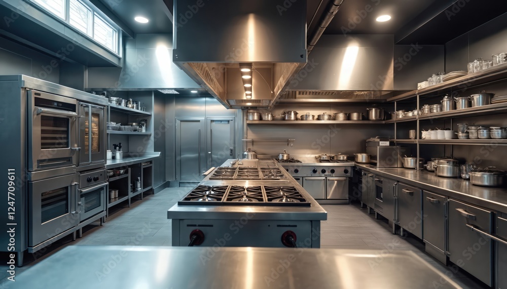 Modern empty commercial kitchen with shiny stainless steel equipment ...